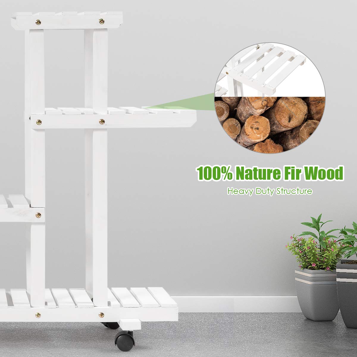 S AFSTAR Wooden Flower Rack with Wheels, 4-Tier Plant Stand, Multifunctional Bonsai Display Shelf for Living Room Balcony Patio Yard (White)