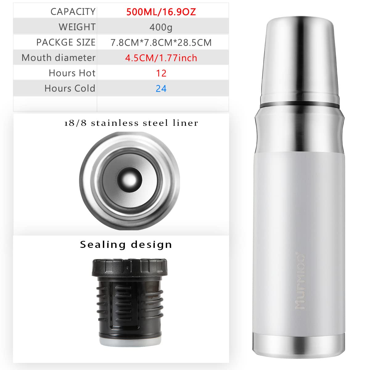 Murmioo travel vacuum flask,stainless steel insulated bottle, built-in cap cup, cold for 24 hours, heat for 12 hours, BPA Free leak proof, sweat free 17oz/500ml Gray
