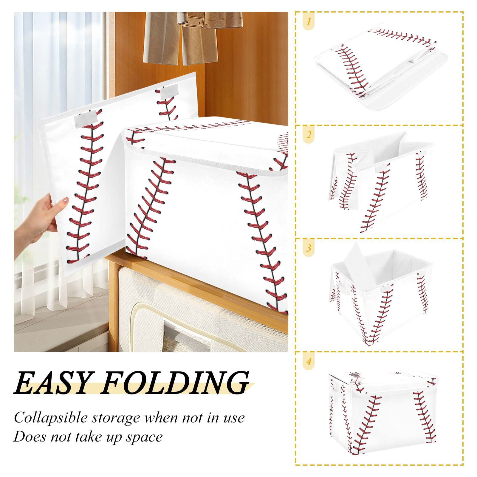 WELLDAY Baseball Grain Storage Baskets Foldable Cube Storage Bin with Lids and Handle, 16.5x12.6x11.8 In Storage Boxes for Toys, Shelves, Closet, Bedroom, Nursery