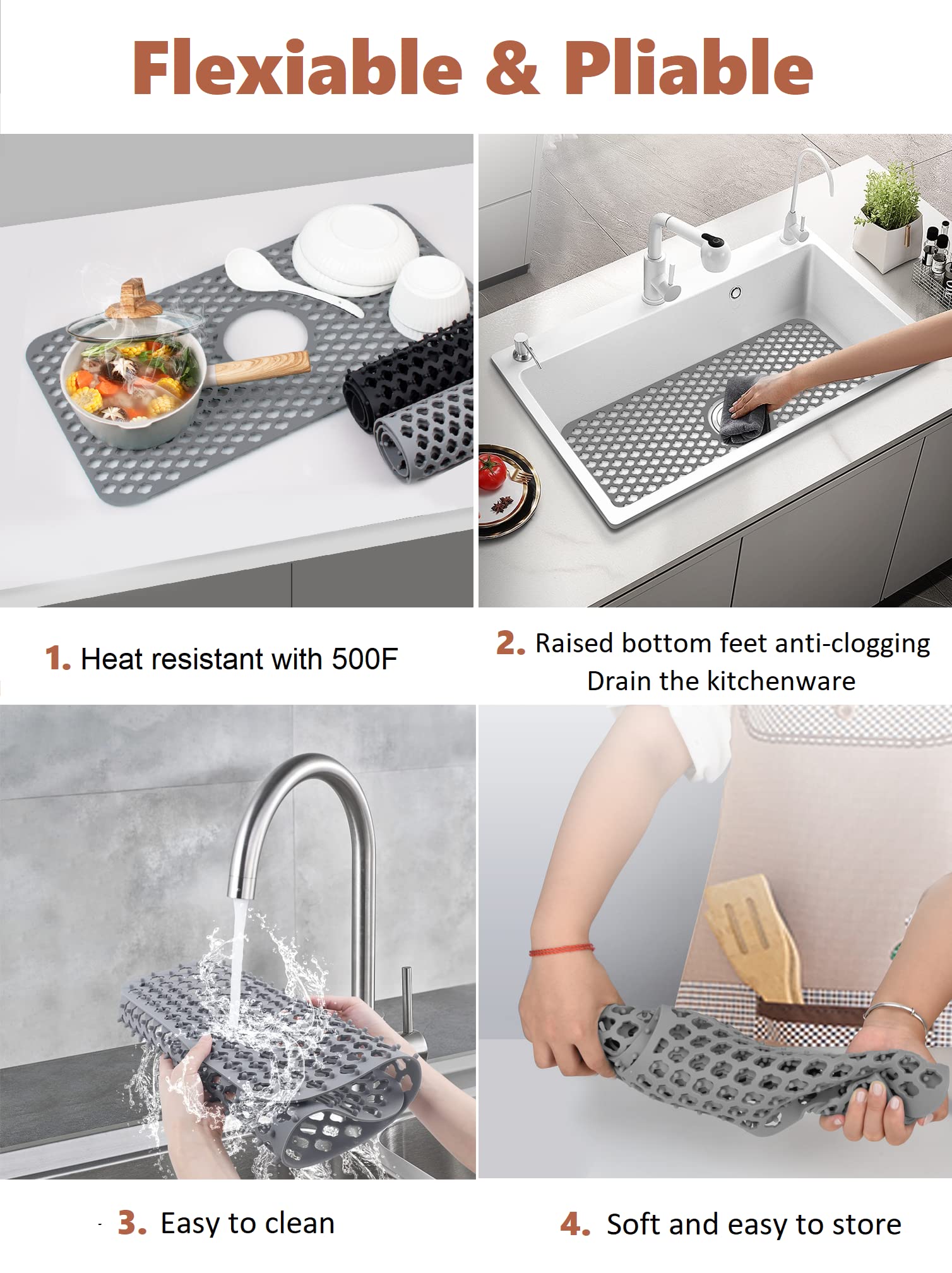 Silicone sink protectors for Kitchen with Center Drain, Grey Grid Accessory Non-slip Heat Resistant Folding mats Grates for Bottom, for Farmhouse Stainless Steel Porcelain Sink (24.8"x 12.9")