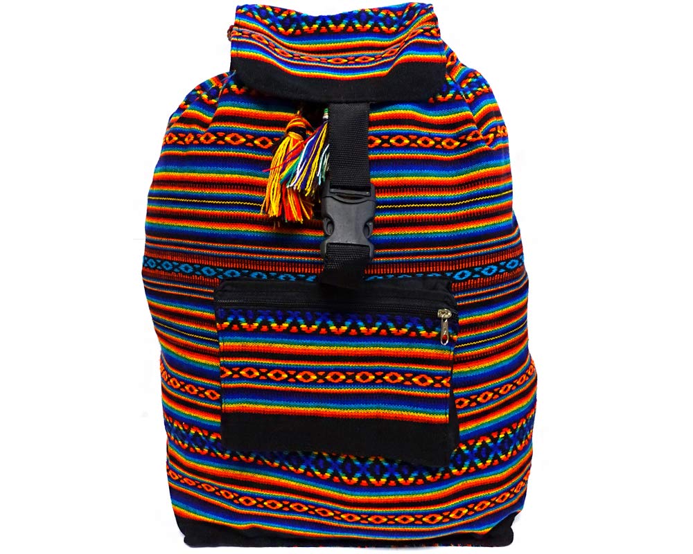 Mia Jewel Shop Large Rainbow Multicolored Peruvian Tribal Print Pattern Lightweight Drawstring Backpack Handmade Beach Bag Boho Accessories (Black Stripes)