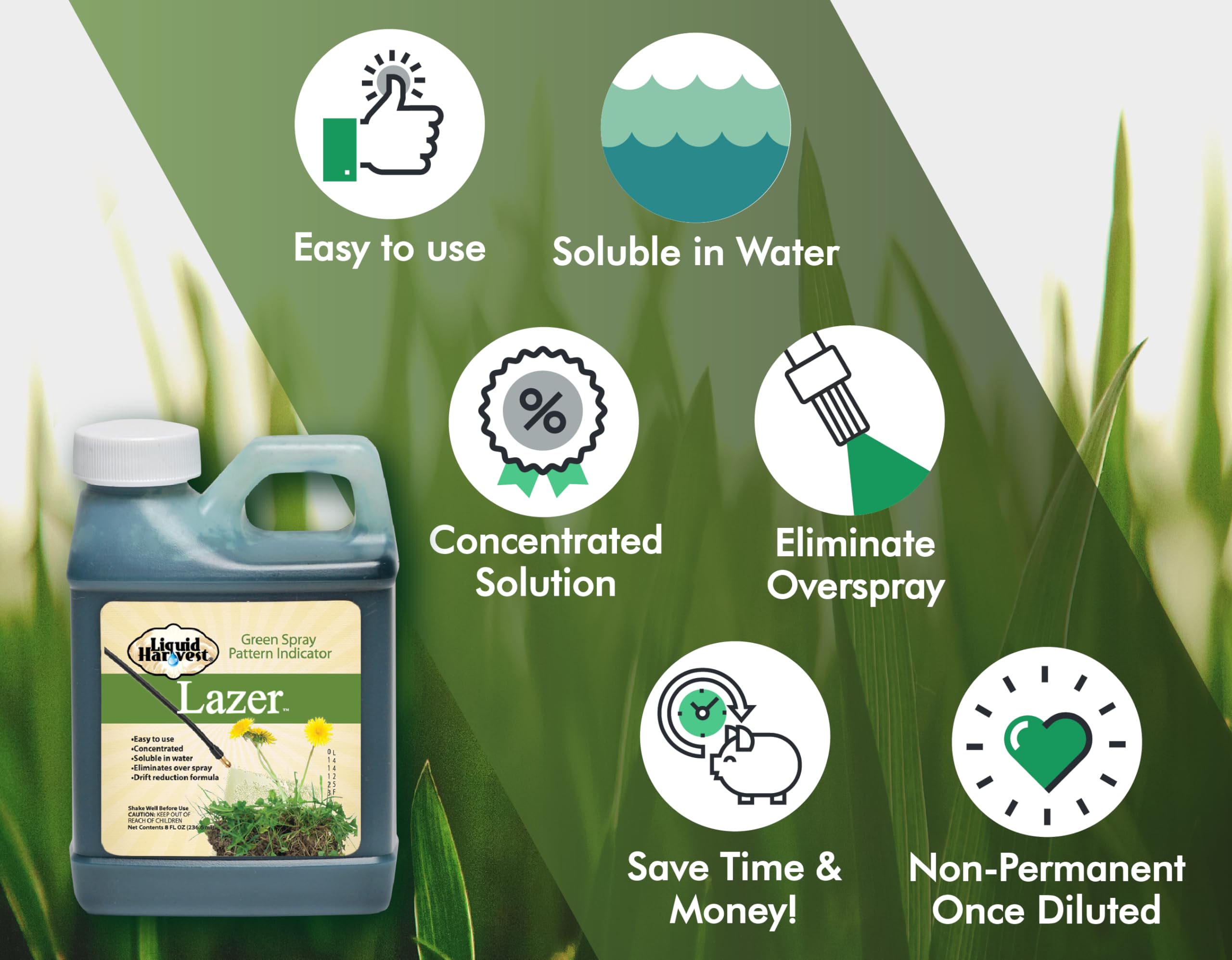 Liquid Harvest Lazer Green Concentrated Spray Pattern Indicator - 8 Ounces - Perfect Weed Spray Dye, Herbicide Dye, Fertilizer Marking Dye, Turf Marker and Herbicide Marker