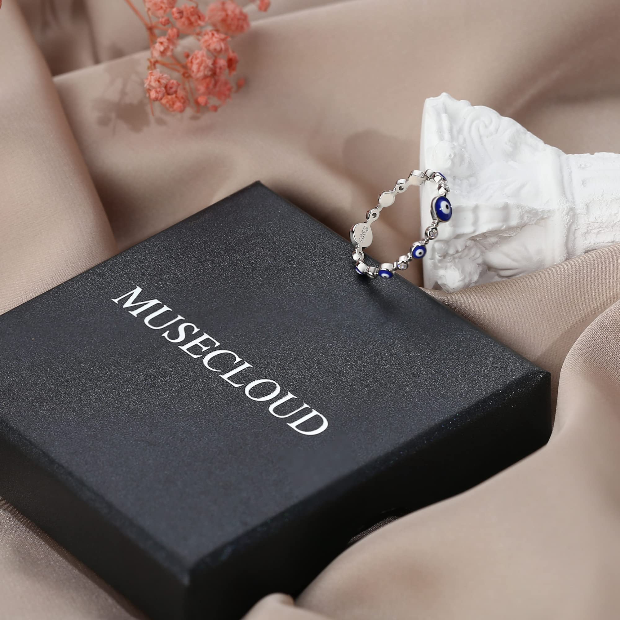 MUSECLOUD Evil Eye Ring for Women White Gold Plated 925 Sterling Silver Evil Eye Ring Minimalist Blue Eye Band Ring Protection Jewelry Size 5-10 (Blue, 9)
