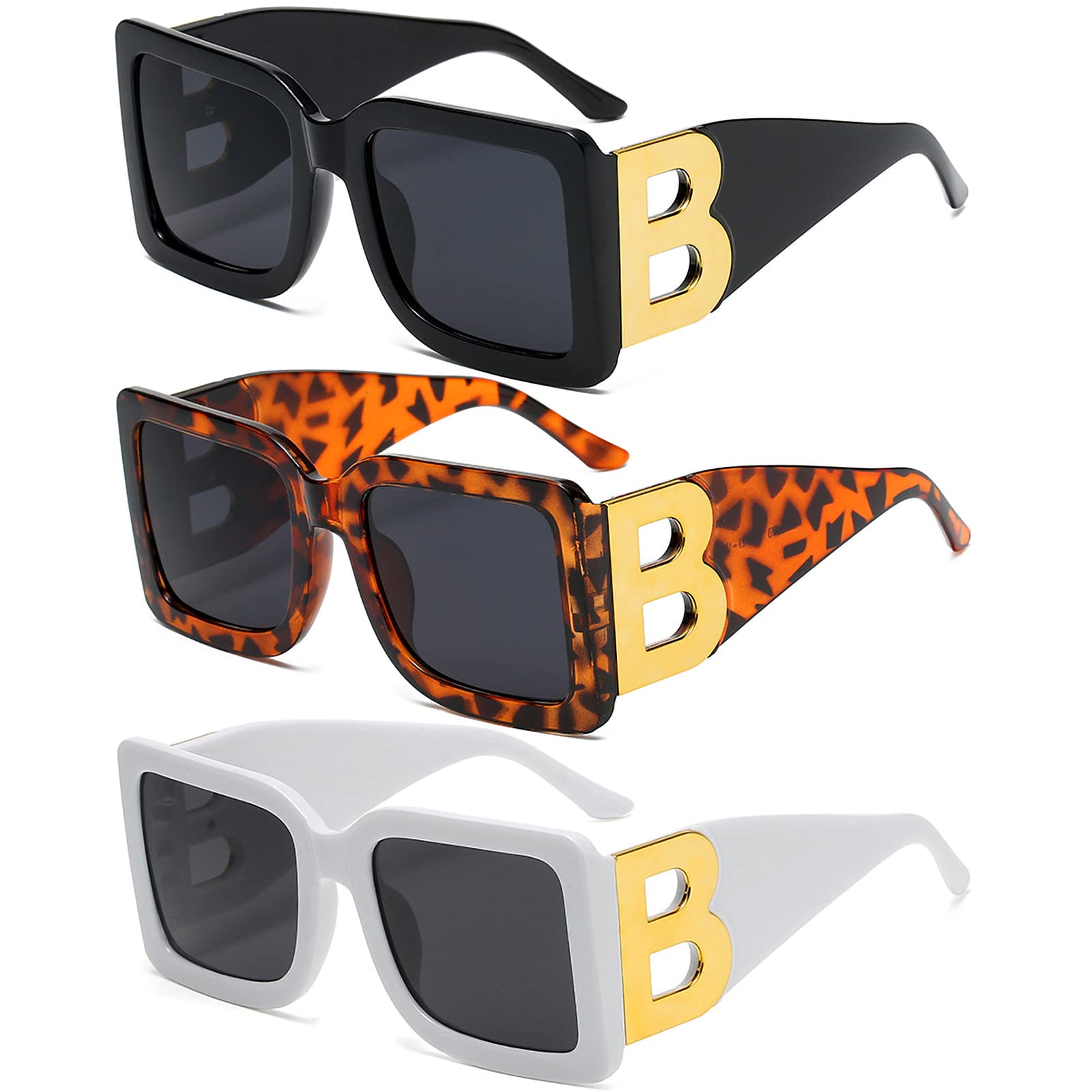 QYVEWY 3 Pairs Oversized Square Sunglasses for Women Men 90s Retro Trendy Thick B Frame Big Sun Glasses UV400 Protection (Orange/Tea/Transparant)