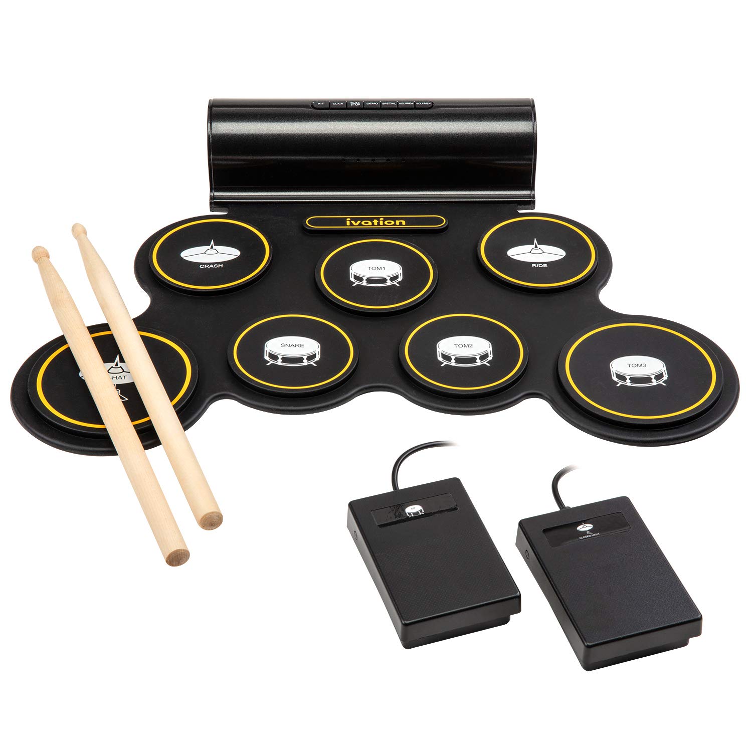Ivation Portable Electronic Drum Pad - Built-in Speaker (DC Powered) - Digital Roll-Up Touch Sensitive Drum Practice Kit - 7 Labeled Pads and 2 Foot Pedals for Kids Children Beginners