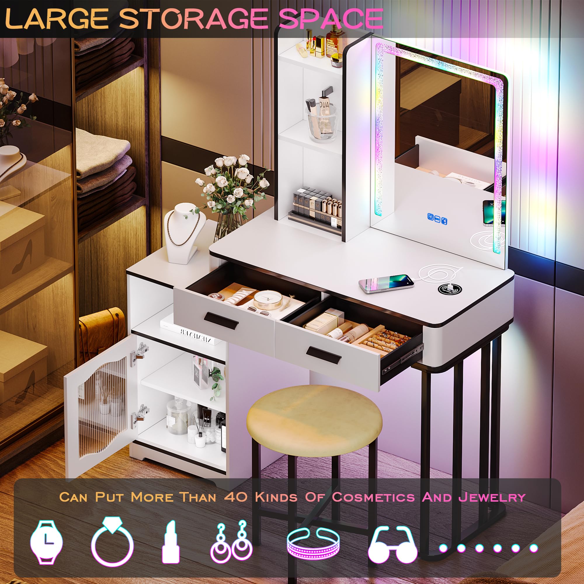JDPAG RGB Makeup Vanity Set with Wireless Charging Station,Vanity Table with USB&Type-C Ports,7 Dynamic and 7 Static Dimmable Vanity Desk with Storage Shelf and Cushion Stool