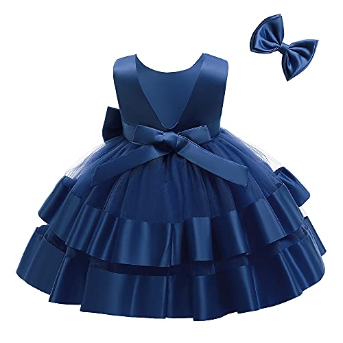 SkyPICK Girl Party Dress Bowknot Double Tullle with Headband 12M Navy Blue 7633