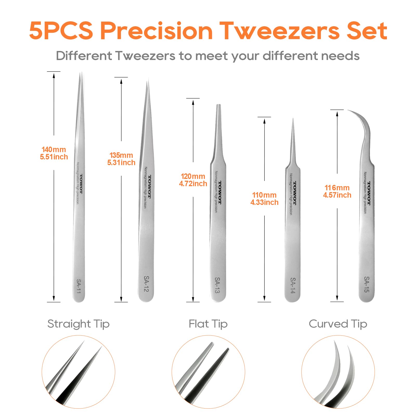 Precision Tweezers, Stainless Steel Pointed Tweezers for Craft, Electronics, Soldering, Medical and Experimental Work, Jewelry-Making, Industrial Tweezers, by TOWOT