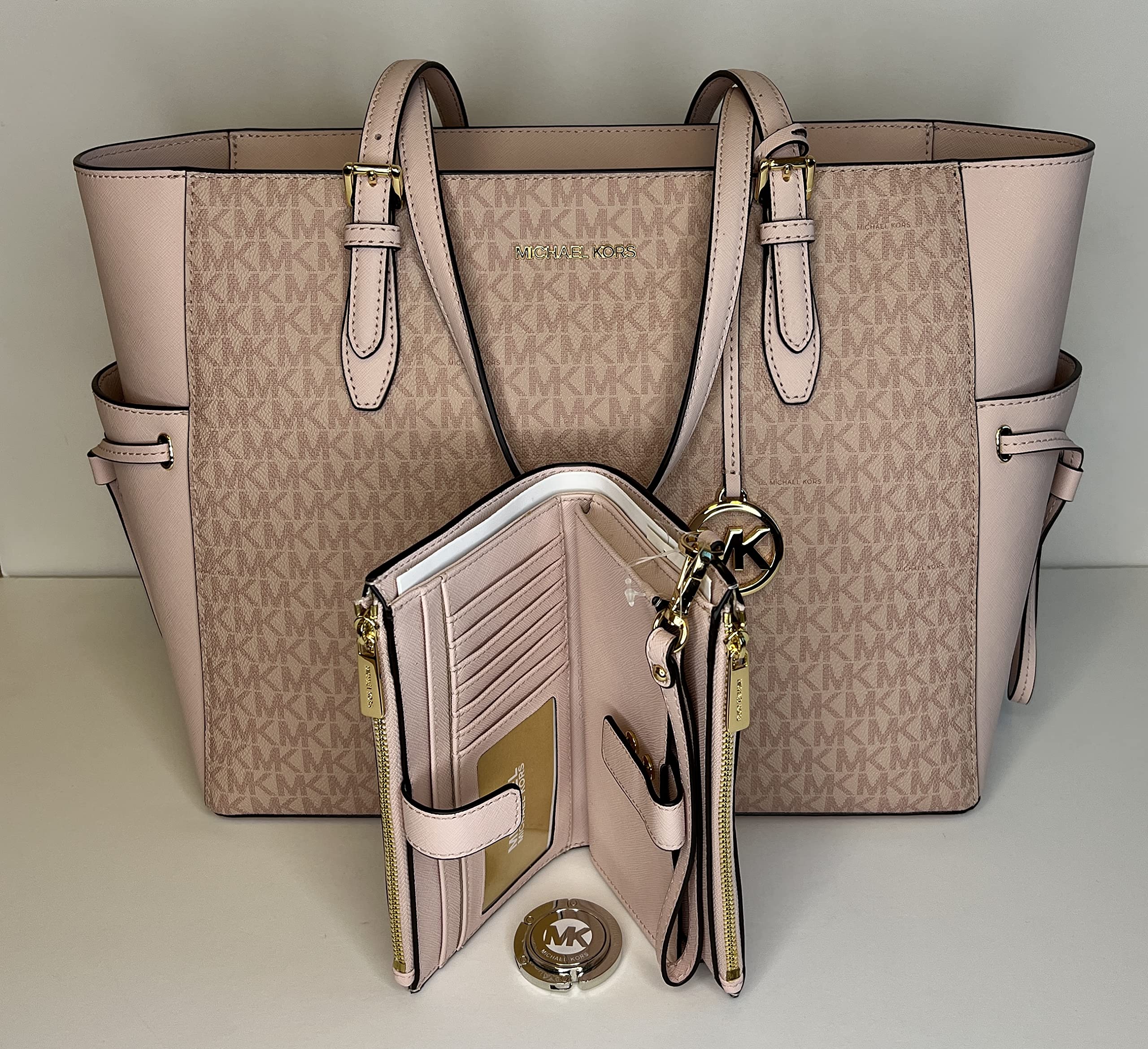 Michael Kors MICHAEL Michel Kors Gilly Large Drawstring Travel Tote bundled with Double Zip Wristlet Purse Hook (Signature MK Pink)
