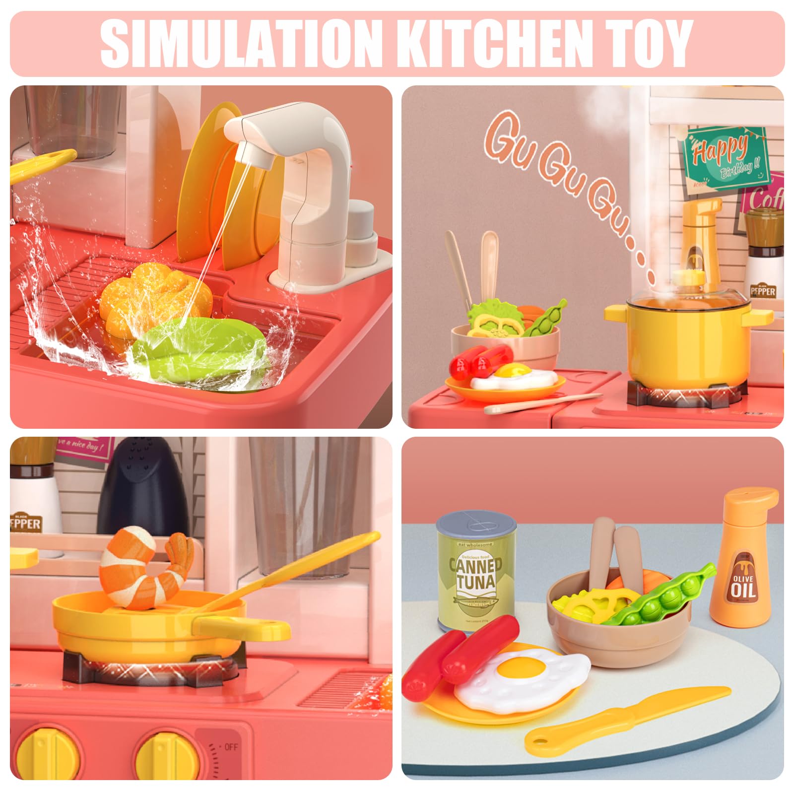 Kids Kitchen Play Set, 50Pcs Pretend Play Kitchen Toy with Spray, Sound & Light, Interactive Toddler Kitchen Toy for Boys Girls 3 4 5 6 7 8 Years Old