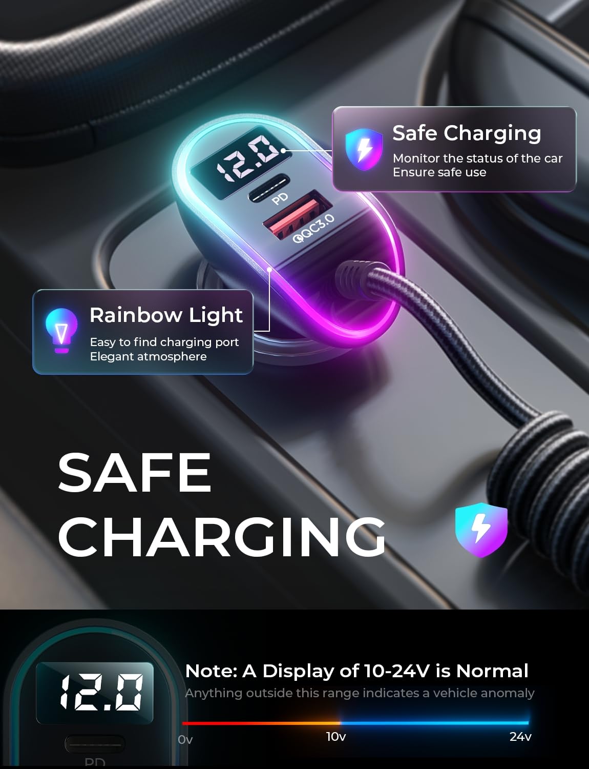 LISEN USB C 96W Super Fast Car Charger PD& QC3.0 with 5.3ft 36W Type C Coiled Cable,Car Phone Charger Adapter for iPhone 15 Pro Max Plus, Samsung Galaxy S24/S23/S22,Android, iPad Pro