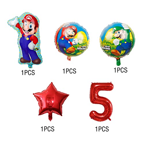Mario Brothers Foil Balloons Mario Birthday Party Supplies 5th Mario Party Decorations for Kids Birthday (Mario 5th Birthday)