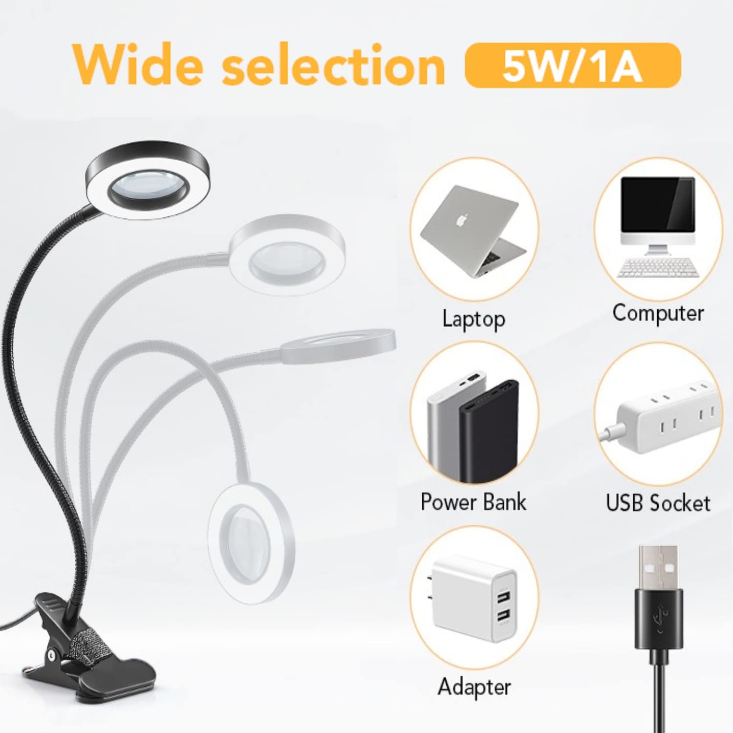 lishumei LED USB 5X Magnifying Desk Lamp with Clamp, 48 LED Desk Lamp with 3 Color Modes 10 Brightness, 360 ° Flexible Gooseneck Clamp Lamp for Bed Headboard Reading Makeup Eyebrow