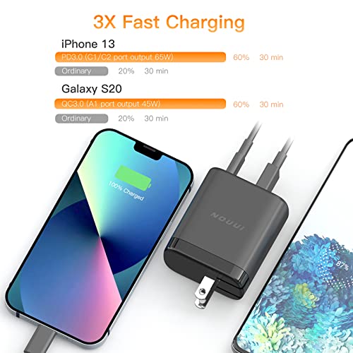 NOUUI USB C Charger 65W PD 3.0 Dual USB C Wall Charger Portable Foldable Adapter with 3-Port iPhone Charger USB C Block Plug Compatible with iPhone 13/13 Pro/12/12 Pro Max/MacBook/iPad Pro/Galaxy