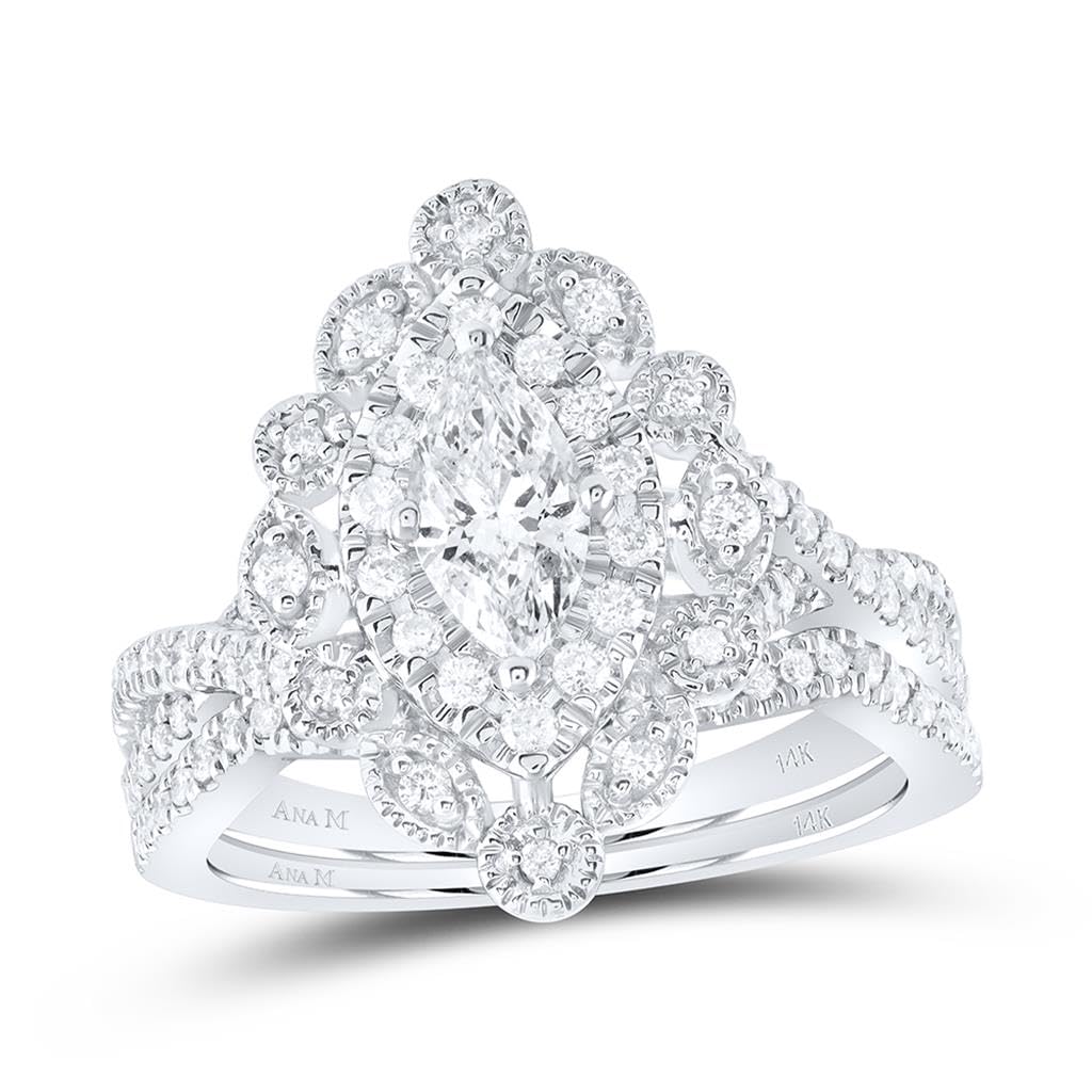 Jewels By Lux 14K White Gold Womens Marquise Diamond Bridal Wedding Engagement Ring Band Set 1.00 Cttw (Certified) Size 7