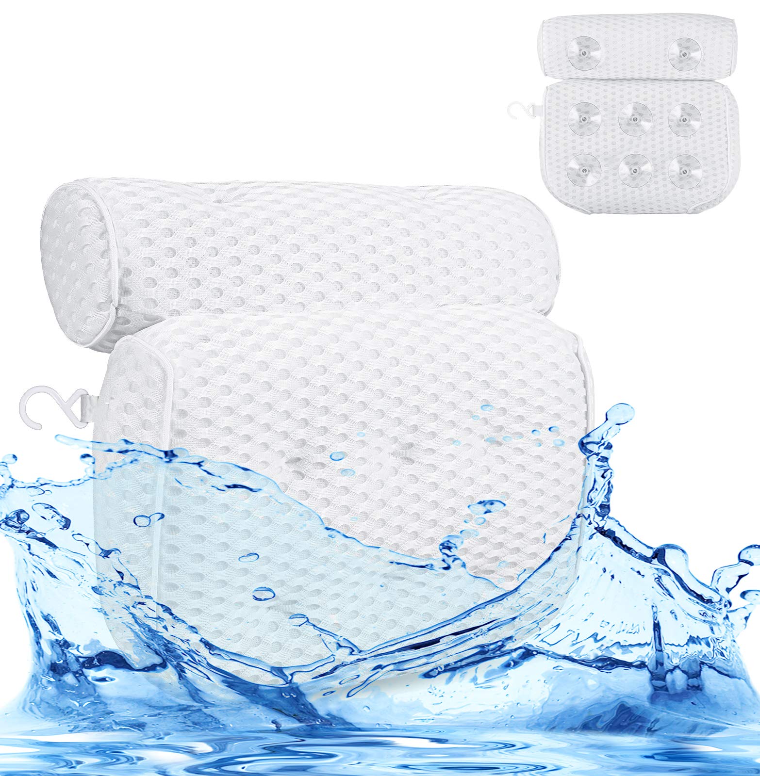 Luxury Bath Pillow, Non-Slip Upgraded Bathtub Pillow (8 Suction Cups), Enlarged Suction Cups with Stronger Suction, Upgraded 4D Tub Pillow, Better Neck and Back Support, Soft & Quick-Drying