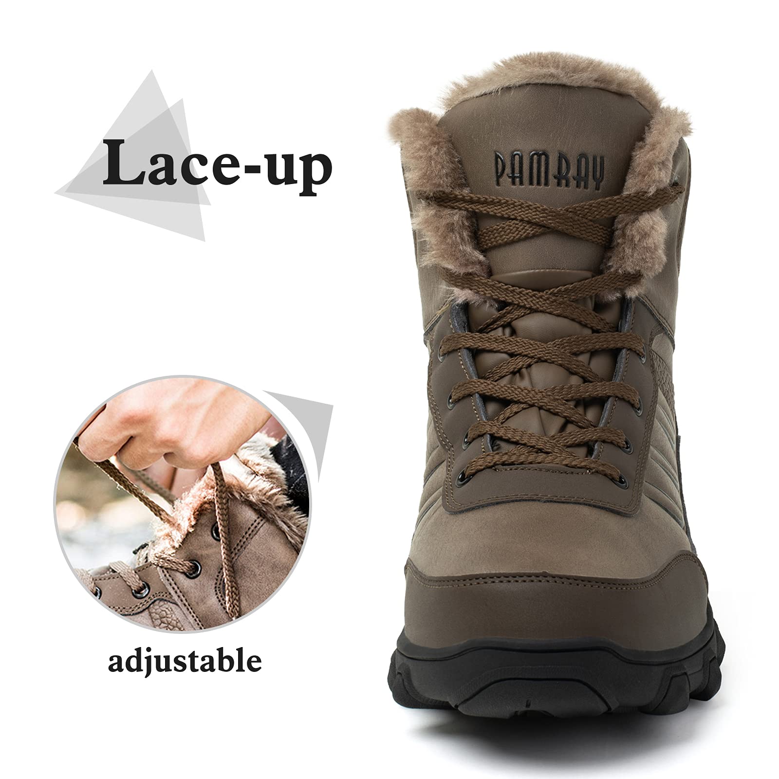 Pamray Men Winter Snow Boots Warm Waterproof Mid Calf Shoes Outdoor Hiking Climbing with Full Fur Lined Dark-Brown 46