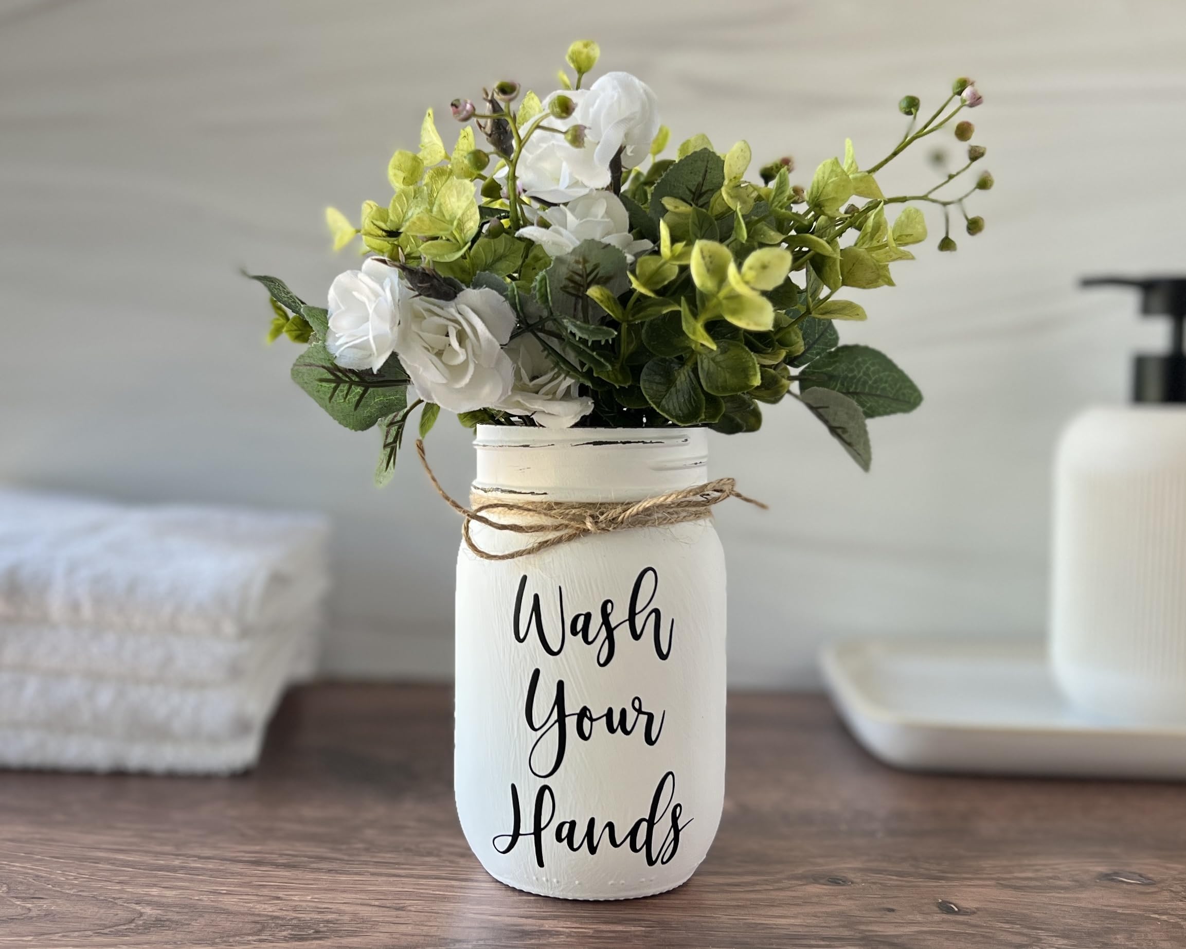 Wash Your Hands Mason Jar, Hand Painted and Distressed Mason Jar Decor, Pint 16 oz. Regular Mouth White Mason Jar, Artificial Flower Arrangement, Rustic Farmhouse Mason Jar Bathroom Decor for Shelf