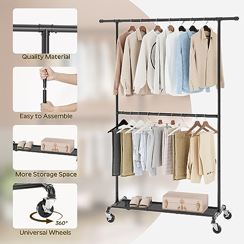 YATINEY Clothes Rack, Double Rod Garment Rack, Clothing Rack with Wheel, Rolling Clothes Rack for Hanging Clothes, Metal Frame, Adjustable Middle Rod, Heavy-Duty Commercial Display, Black GR49BB
