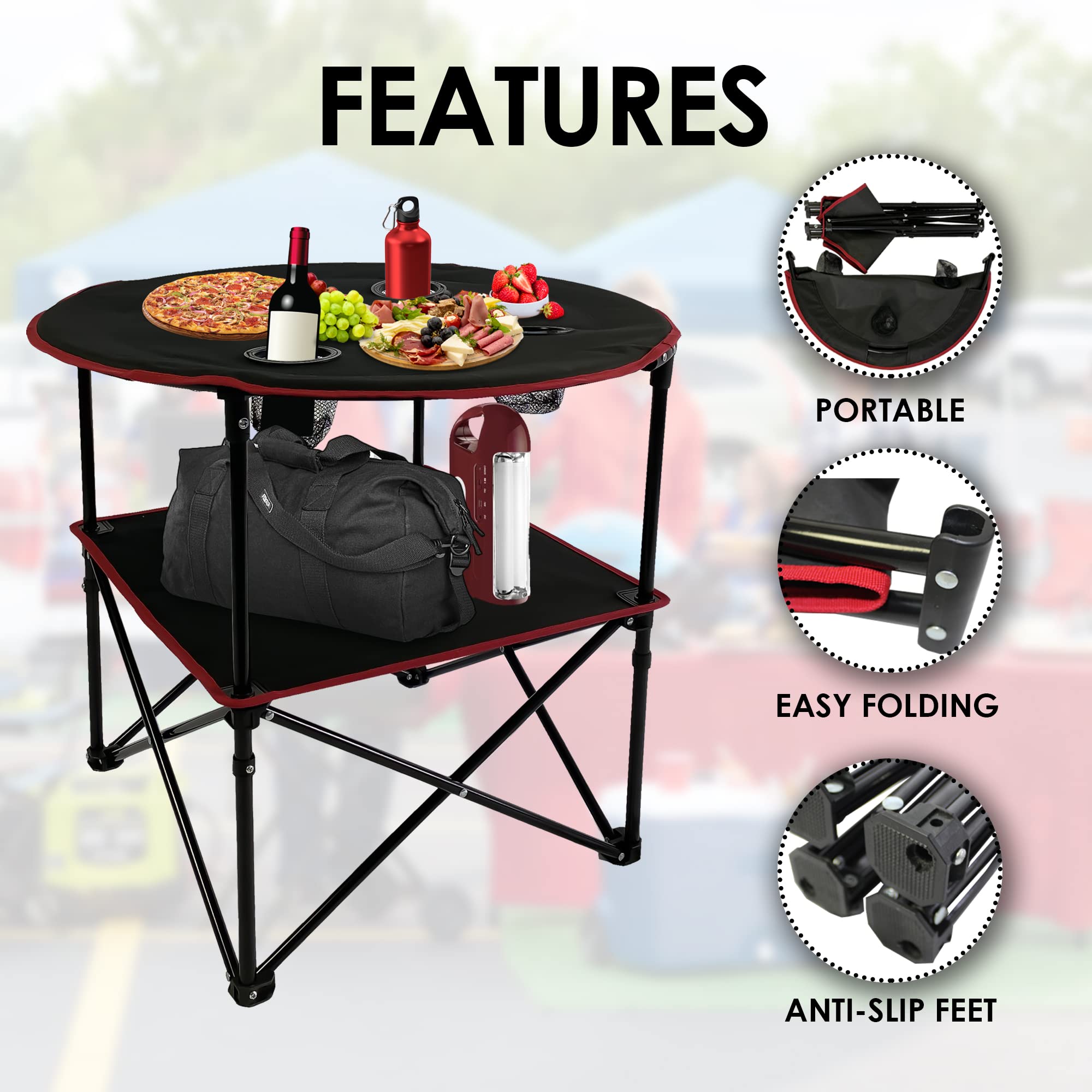 Portable Lightweight Folding Table, Waterproof Canvas, Picnic Table with 4 Cup Holders, and Carry Bag for Outdoors, Beach, Hiking, Fishing, or Tailgating