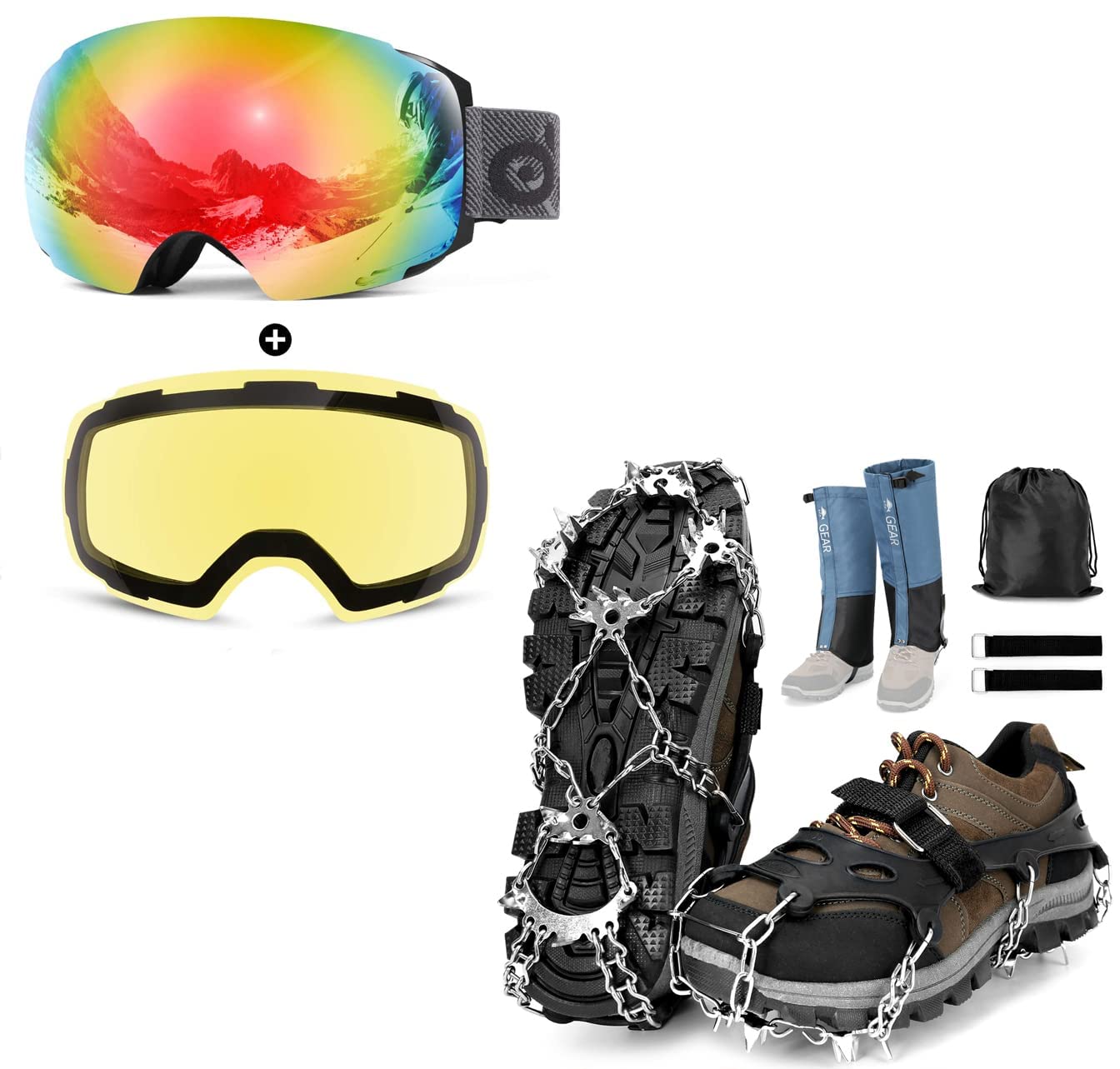 Odoland Bundle - Magnetic Interchangeable Ski Goggles with 2 Lens and Ice Cleats Traction with Leg Gaiters Blue