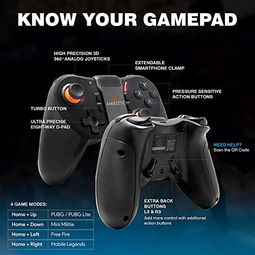 Nise Amkette Evo Gamepad Pro 4 for Android | Instant Play | Bluetooth 4.0 | Extendable Smartphone Clamp | Works with COD, Mobile Legends, BGMI, LOLWR and Many More | (Iphone and Mediatek Devices not Supported) (Black)