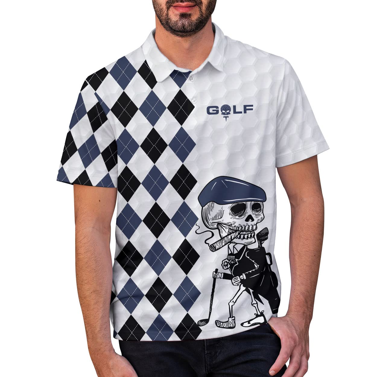 Nidulo Skulls Shirts for Men Swing Swear Look for Ball Repeat Crazy Golf Shirts for Men Argyle Golf Shirts for Men Gifts