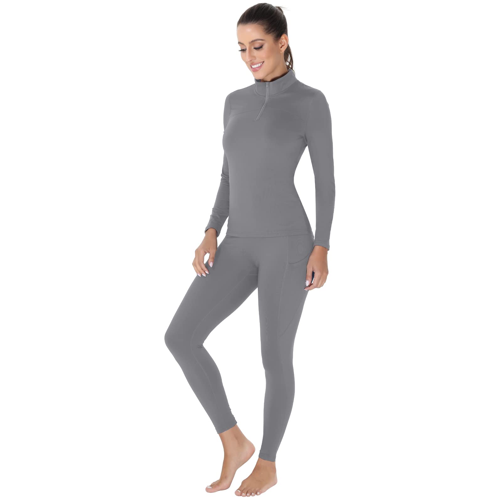 Odoland Thermal Underwear for Women, Winter Warm Skiing Base Layer Set Mock Turtleneck Sport Top & Bottom Light Grey