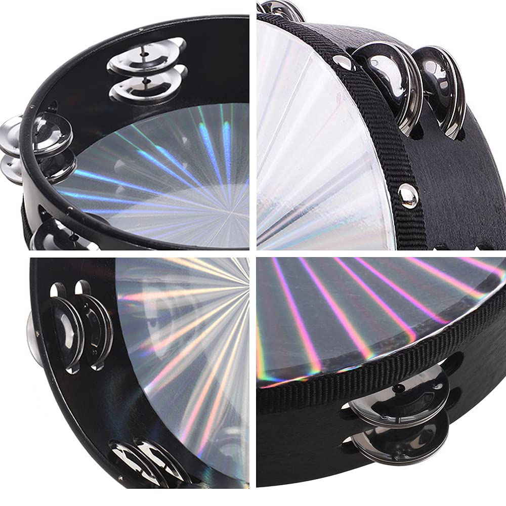 Mowind Tambourine Radiant 10 Inch Hand Held Drum with Double Row Jingles Reflective Drum Musical Instrument for Games KTV Party