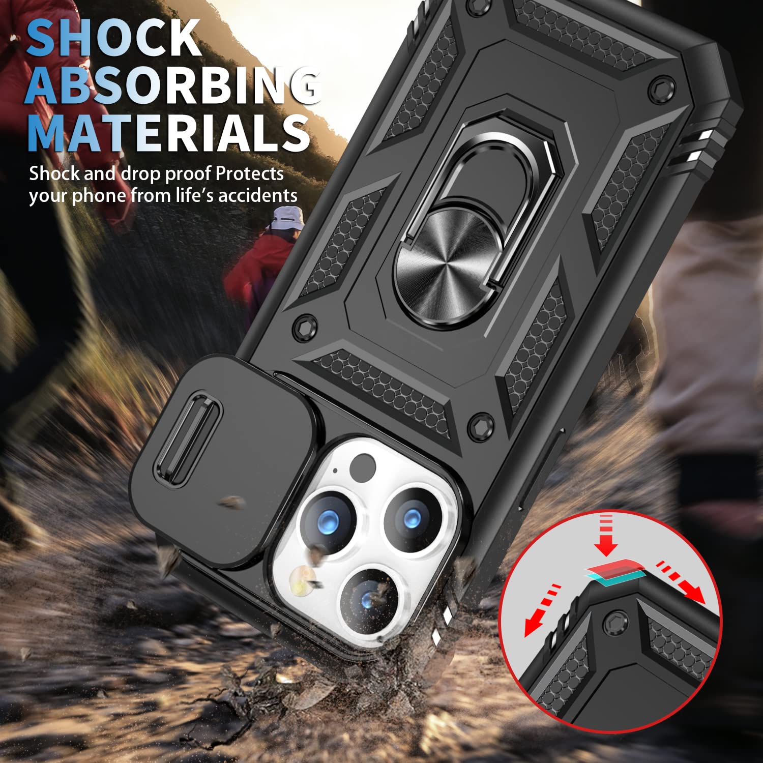 IYTRRYH for iPhone 15 Pro Max Case Kickstand with 2Tempered Glass Screen Protectors with Camera Cover&Magnetic Stand Ring Military Grade Drop Shockproof Heavy Duty Protection iPhone15Pro Max6.7‘’Black