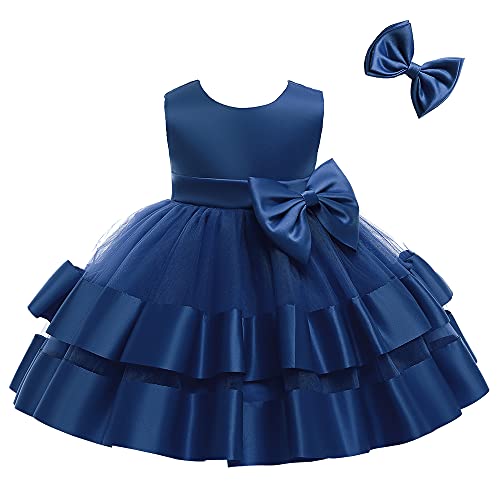 SkyPICK Girl Party Dress Bowknot Double Tullle with Headband 12M Navy Blue 7633