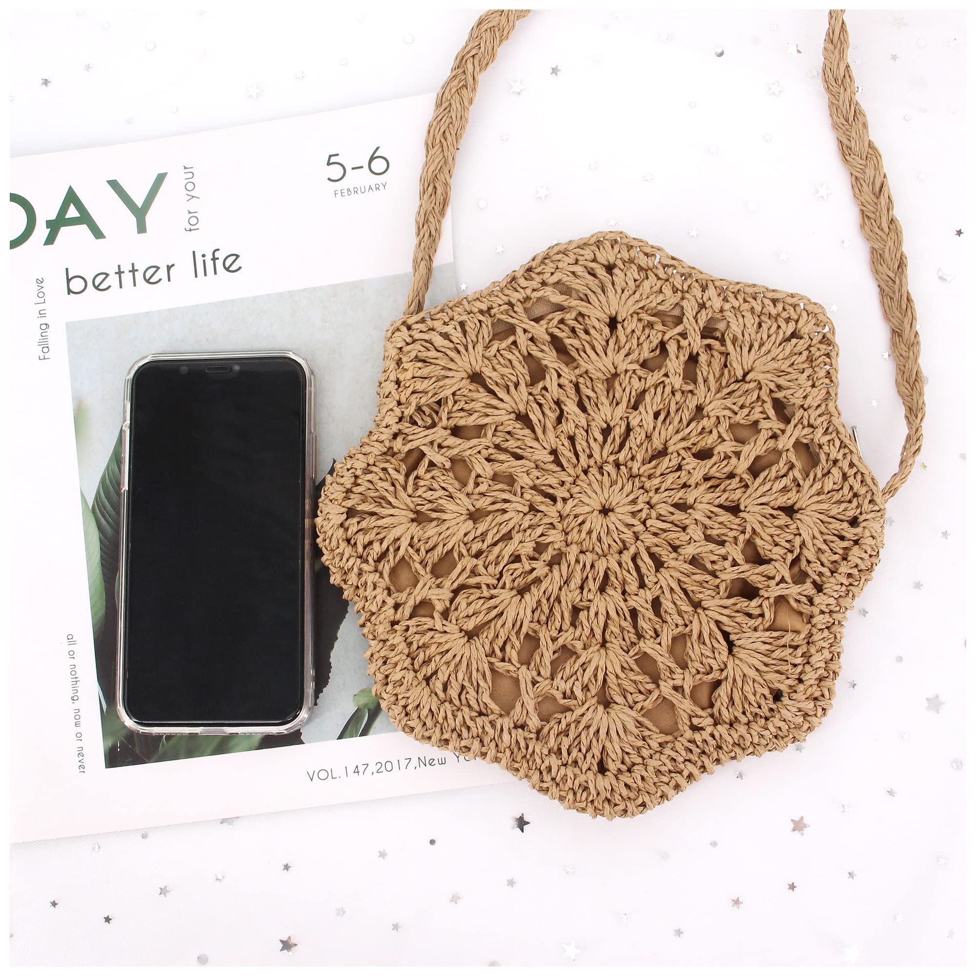Naimo Women Straw Crossbody Purse Crochet Woven Shoulder Bag Handmade Weaving Rattan Summer Beach Bag