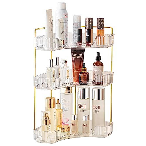 YCIA&DONE Corner Counter Bathroom Organizer Countertop, 3 Tiers Cosmetic Perfume Tray, Vanity Organizer for Makeup, Skincare, Clear Corner Rack for Bedroom, Bathroom, Kitchen(Clear White)