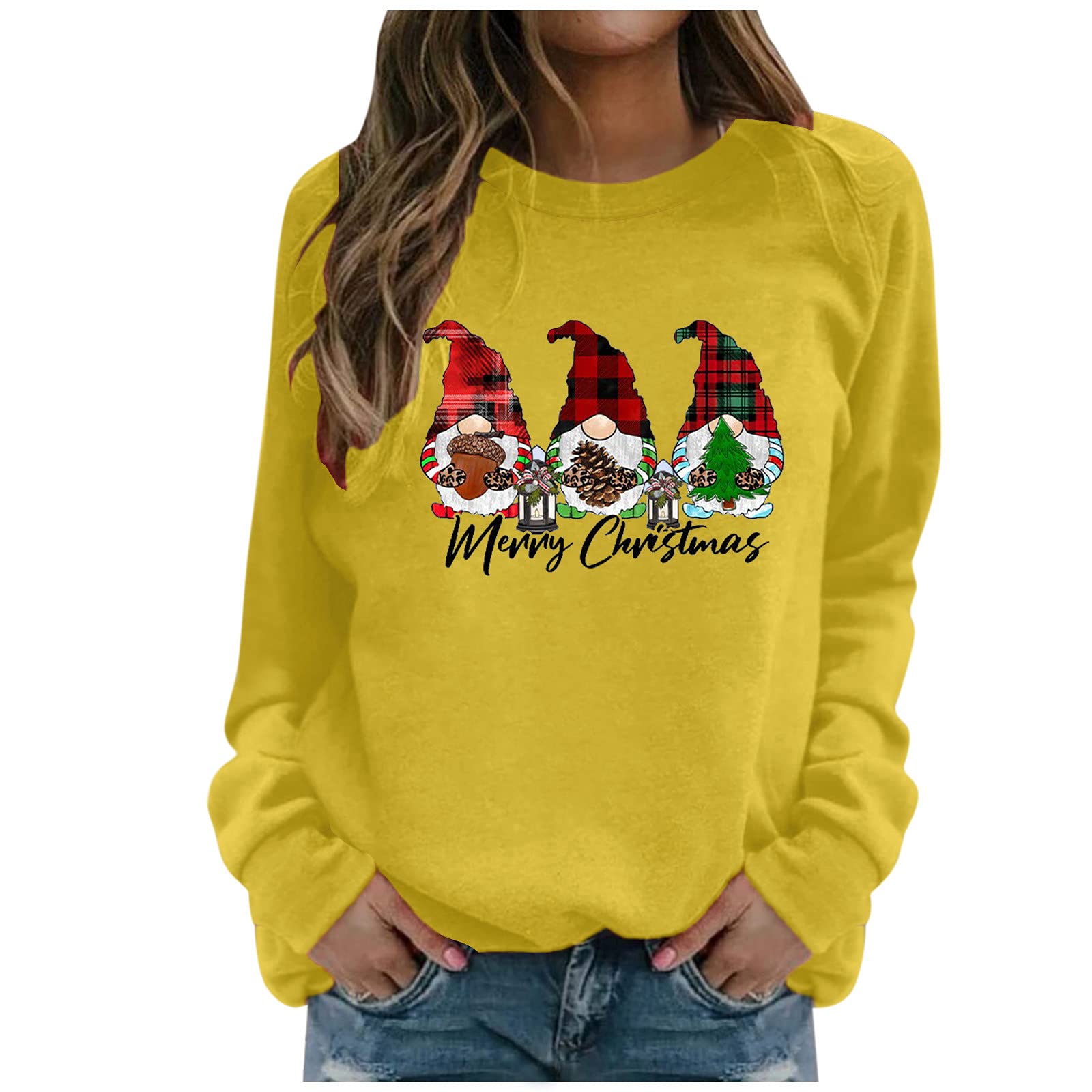Sweatshirt For Women Graphic Round Neck Pullover Shirts Long Sleeve Sweatshirts Drop Shoulder Pullover Teen Clothes Yellow
