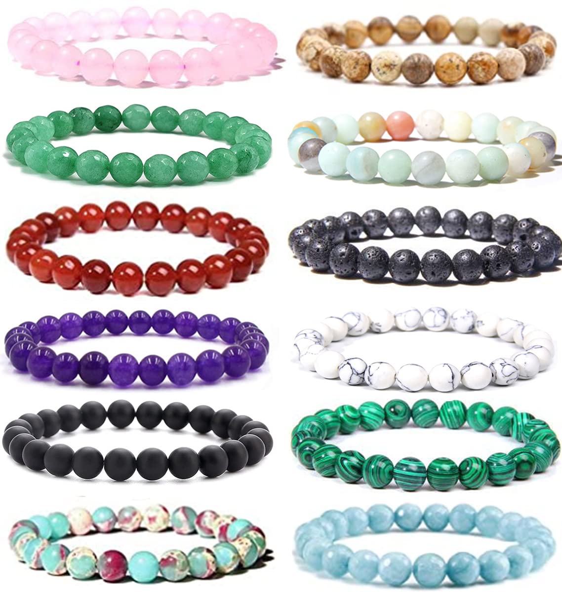 MOZAKA 12Pcs 4mm 6mm 8mm Gemstones Beaded Bracelets for Men Women Stone Bead Healing Stretch Round Bead Crystal Semi-Precious Bracelets Unisex