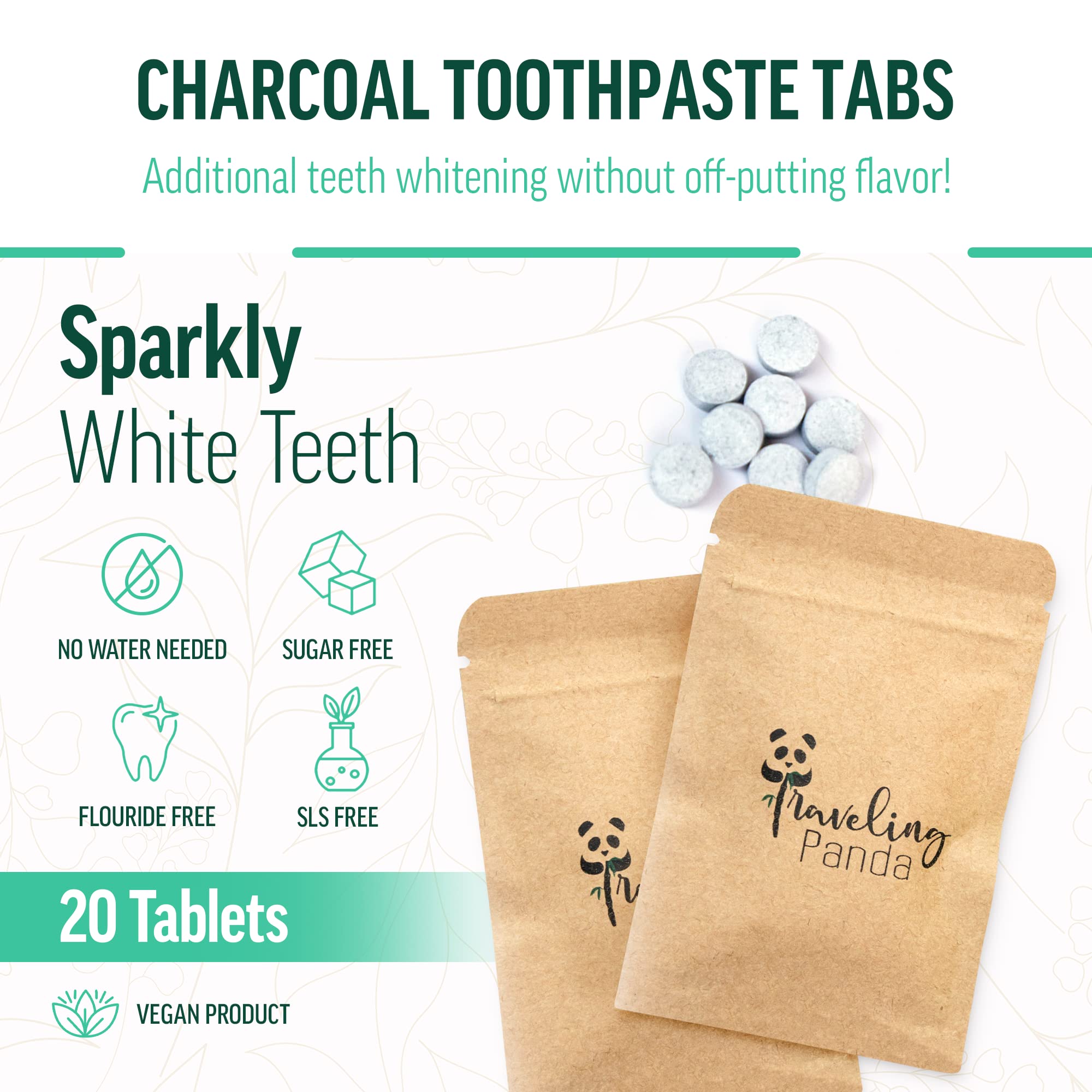 Traveling Panda Wheat Straw Toothbrushes, Soft Bristles Toothbrush with Toothpaste Built in, Travel Toothbrush Kit, Includes Brushes and Mint Toothpaste Tablets, 2 Mini Brushes, 20 Tabs