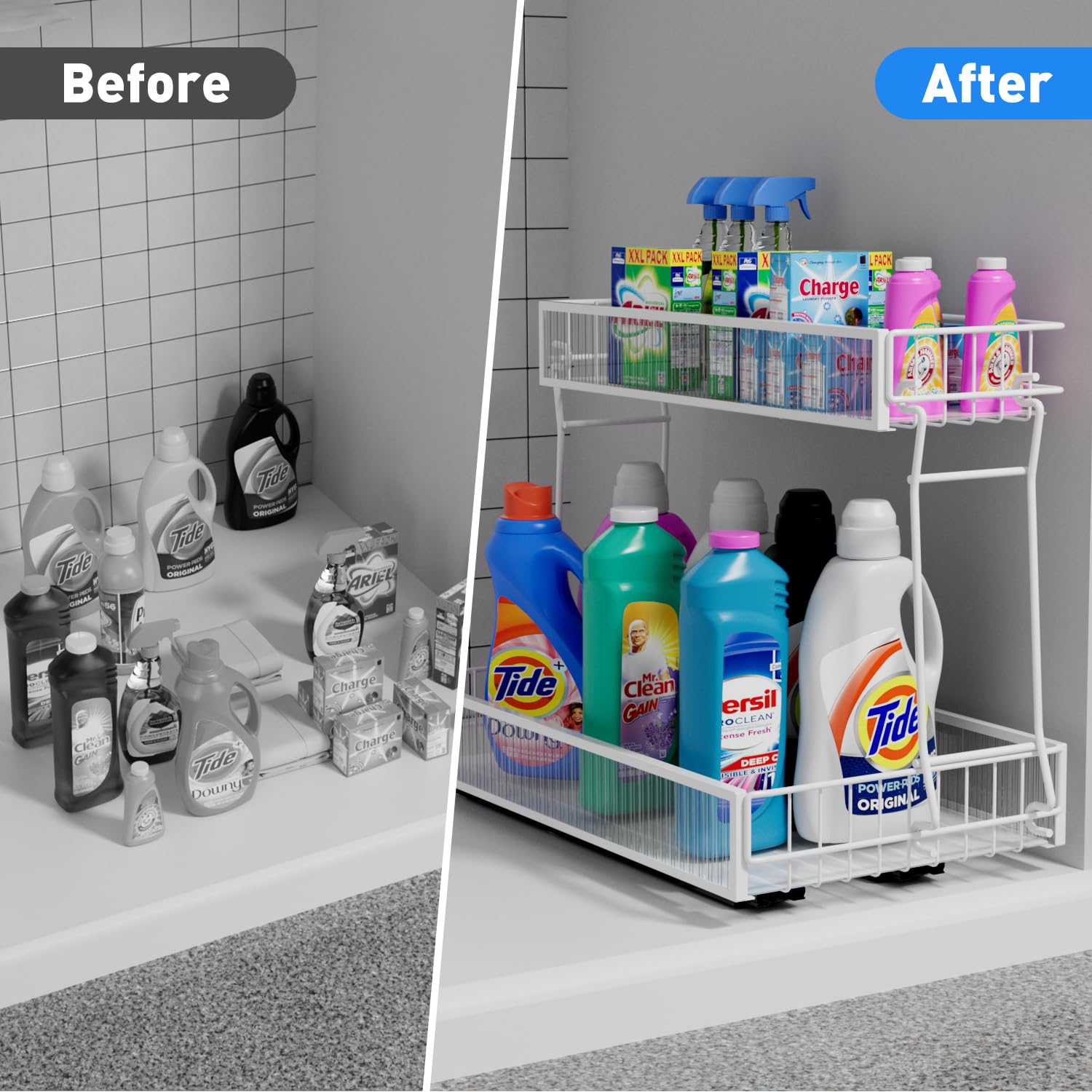 Lxmons 2-Tier Under Sink Slide Out Organizer, Pull Out Cabinet Storage Shelf with Sliding Storage Wire Basket Drawer for Bathroom Kitchen, Countertop or Pantry Storage Shelf, White