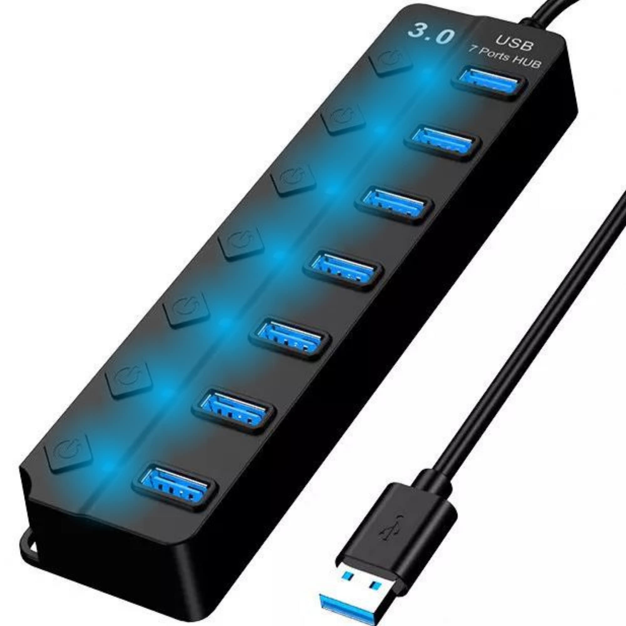 USB 3.0 Hub 7 Port Splitter with Individual On/Off LED Switches, High-Speed Data USB Extender Charging Station Extension for Laptop, USB Flash Drives, Mobile HDD, Printer, Camera and More