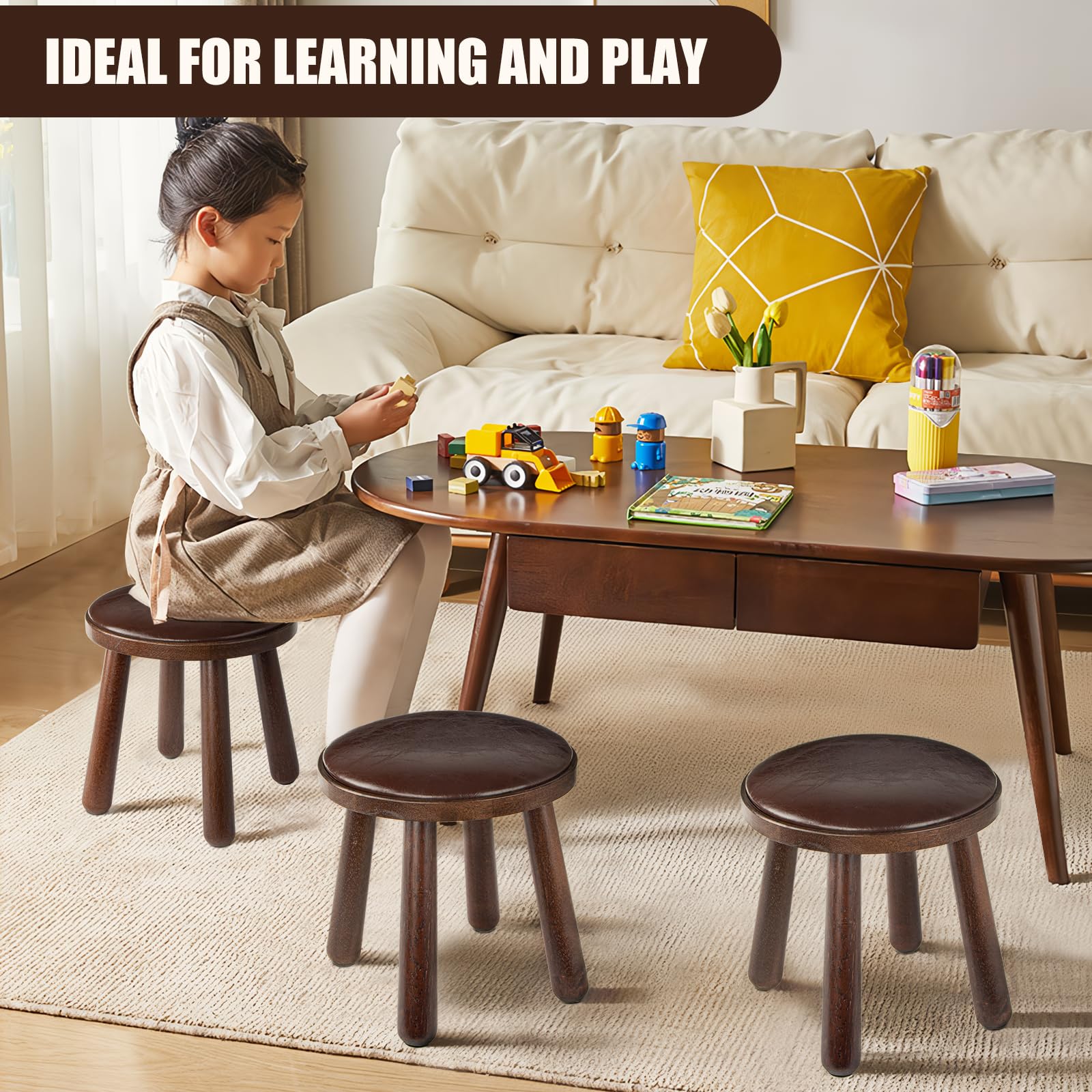 Small Round Wood Step Stool β 2 Pack 10" Wooden Foot Stools with Soft Faux Leather Top, Rustic Small Wood Step Stool for Kids & Adults