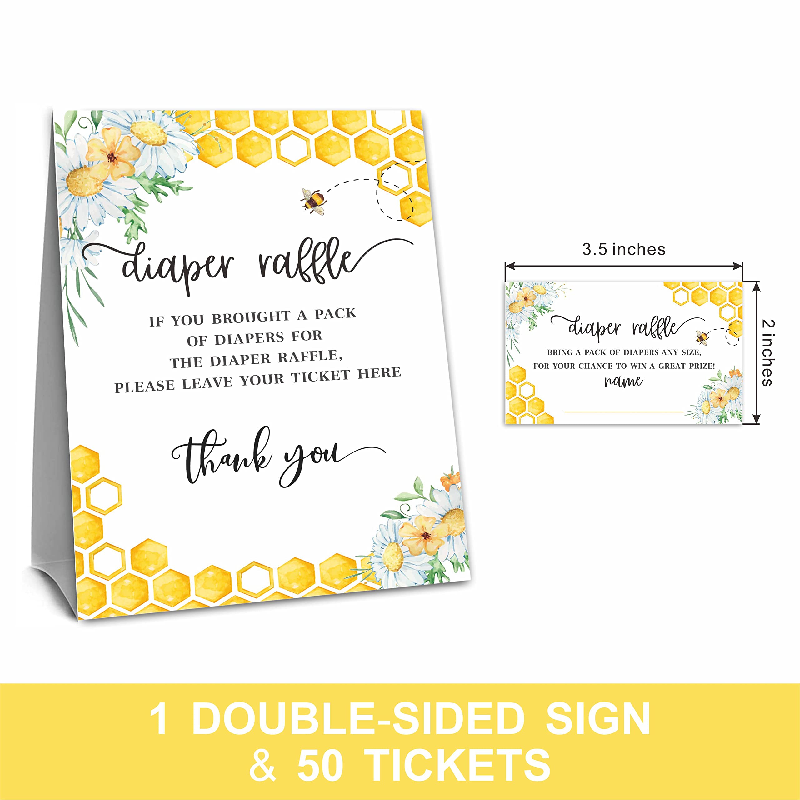 Sweet As Can Bee Baby Shower Game Cards, 50 Diaper Raffle Tickets and 1 Self-standing Diaper Raffer Sign-(LBLK-001)