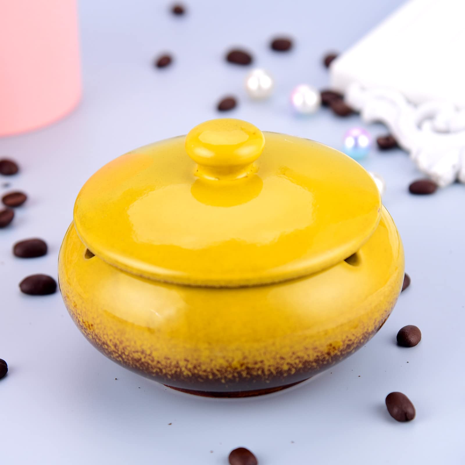 Outdoor Ashtray with Lid & Ceramic Ashtrays for Cigarettes, Round Cute Porcelain Ash Tray Pottery Smoking Holders Indoor Outdoor Patio Home Office Cool Rolling Décor-LAUYOO (Glazed Yellow)