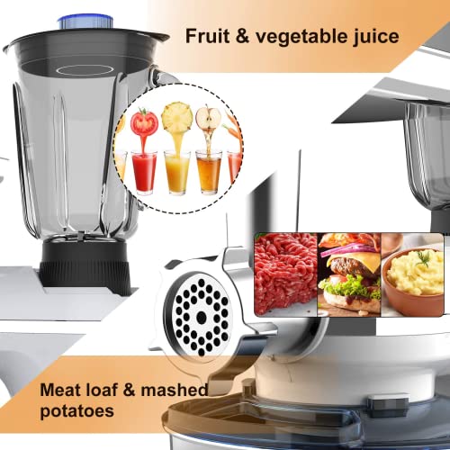 Nurxiovo Kitchen Stand Mixer, Multifunctional 3 in 1 Food Mixer Tilt-Head 850W Dough Machine with 6-1/2 Qt Stainless Steel Bowl, Hook, Whisk, Beater, Meat Blender and Juicer, White