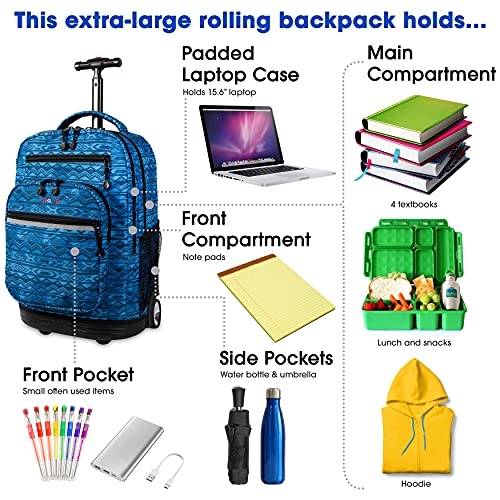 J World New York Sundance Rolling Backpack Girl Boy Roller Bookbag, Water Mark, 20 Inch