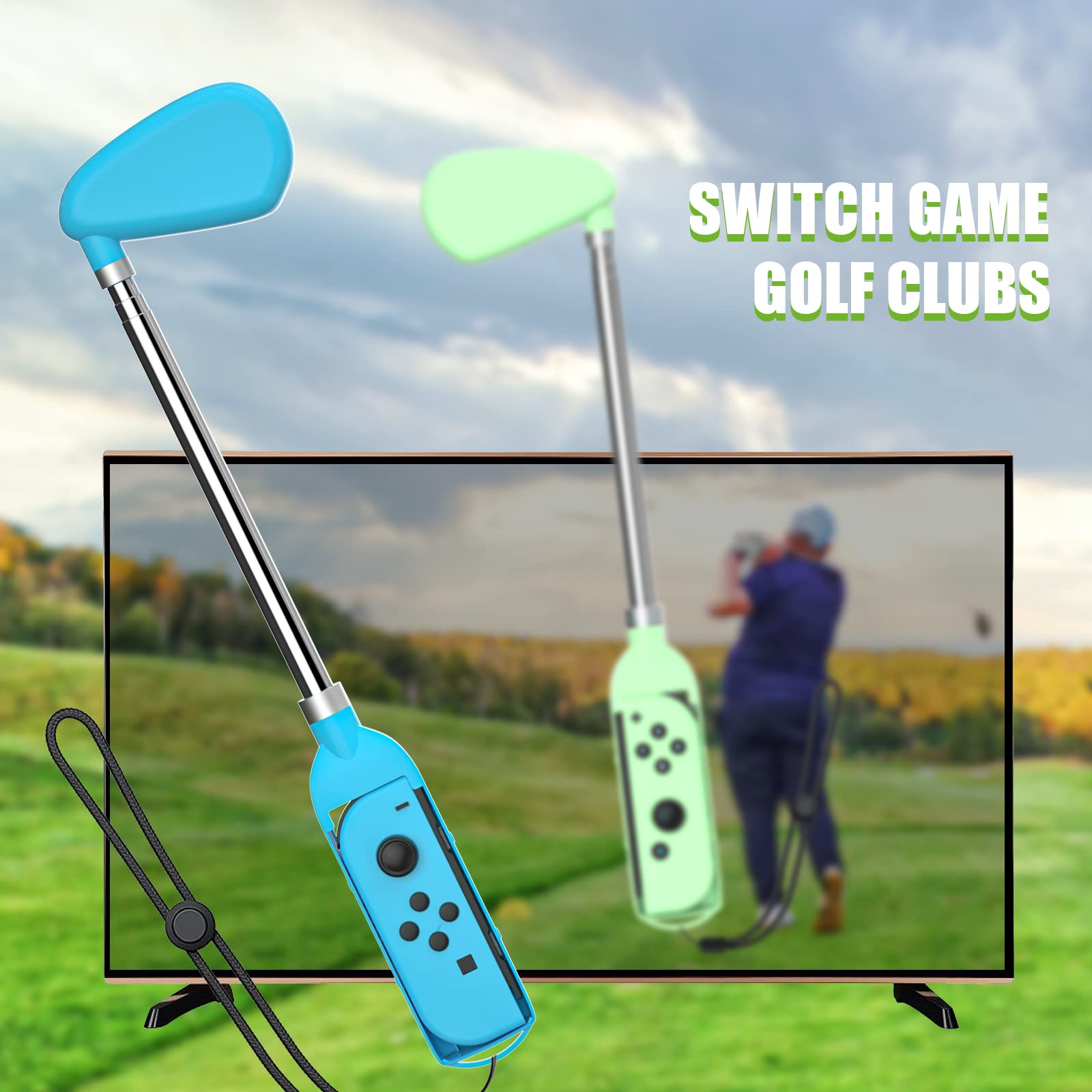 NANANINO Golf Clubs for Nintendo Switch Mario Golf Super Rush 2021, Adjustable Handle Grip Compatible with Mario Golf Switch - Green and Blue