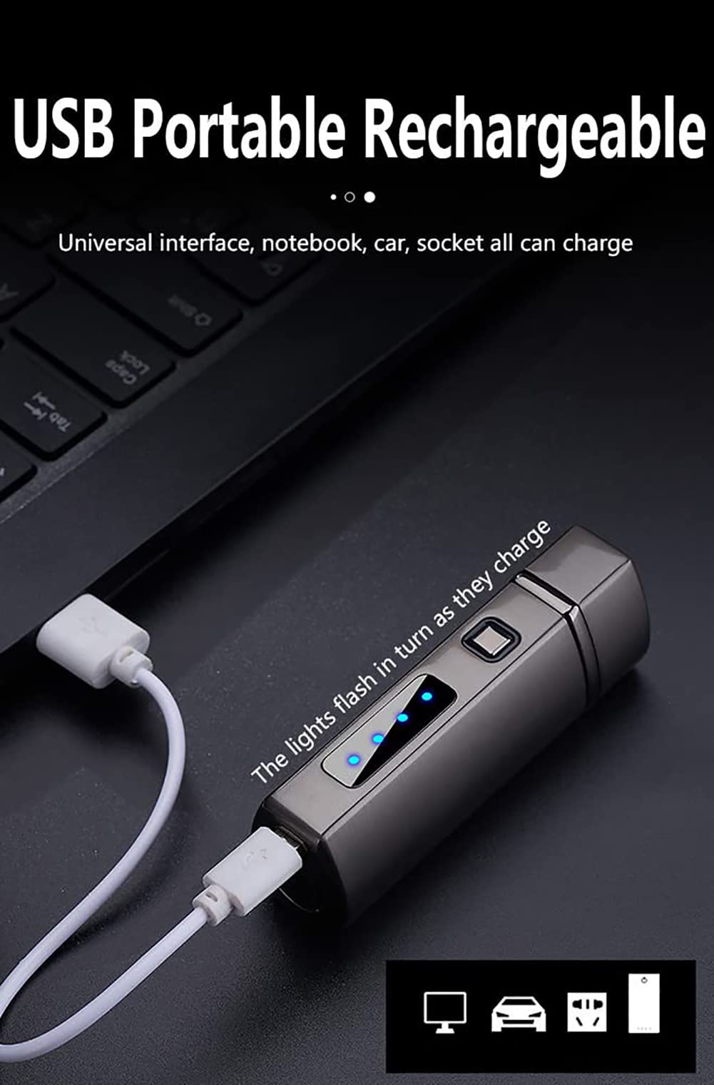 Jet Torch Lighter, Windproof Butane Lightr with LED Light USB Rechargeable Lighters, Great Gift Idea for Men Women (Butane Not Included) (One Size,Silver)