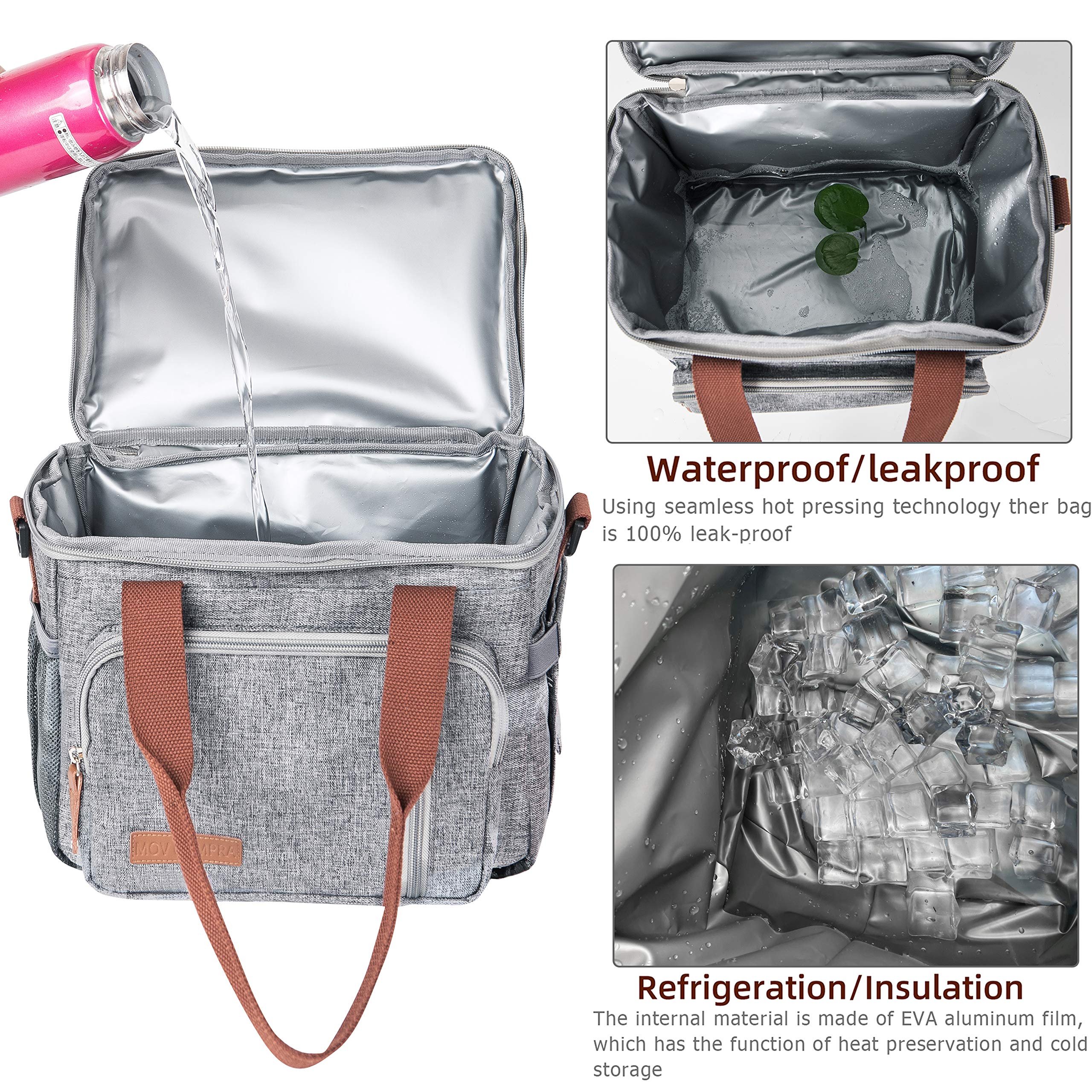 MOV COMPRA Adult Lunch Box for Work, Expandable Large Lunch Bags for Women Men, Leakproof Double Deck Lunch Box Cooler Tote Bag with Removable Shoulder Strap (Grey)