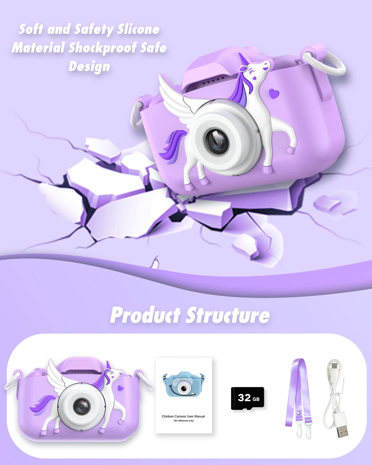 Slothcloud X5 Kids Digital Camera, Unicorn-Purple, 32GB Memory, Anti-Drop Silicone, 1080P Video, Multi-Functions, Selfie, Gift for Children
