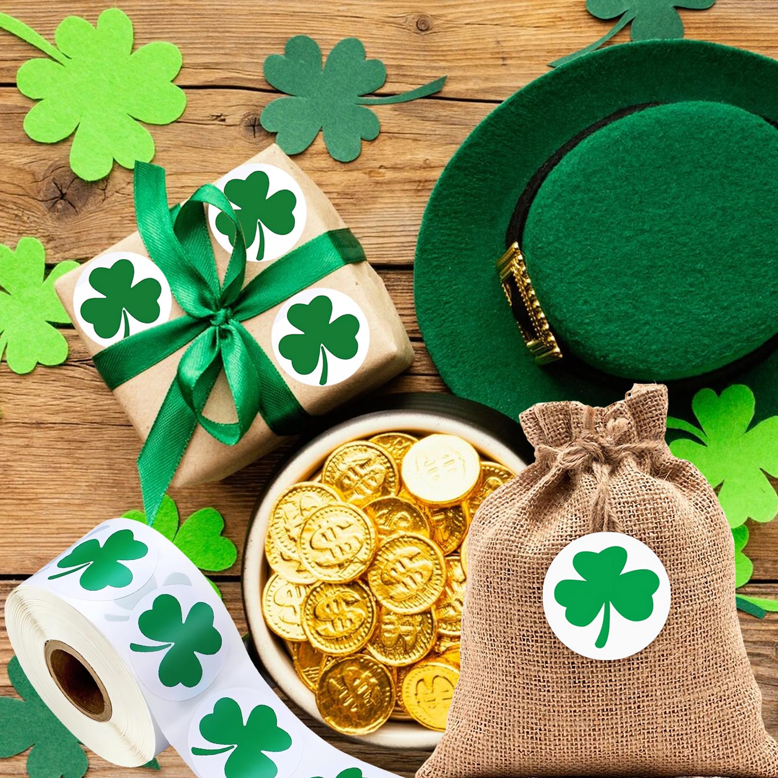 SOIDHSID Green 1.5 Inch Shamrock Stickers, 500pcs Waterproof Paper Decorations for St.Patrick's Day, Gift Box, Envelope, Card, Party