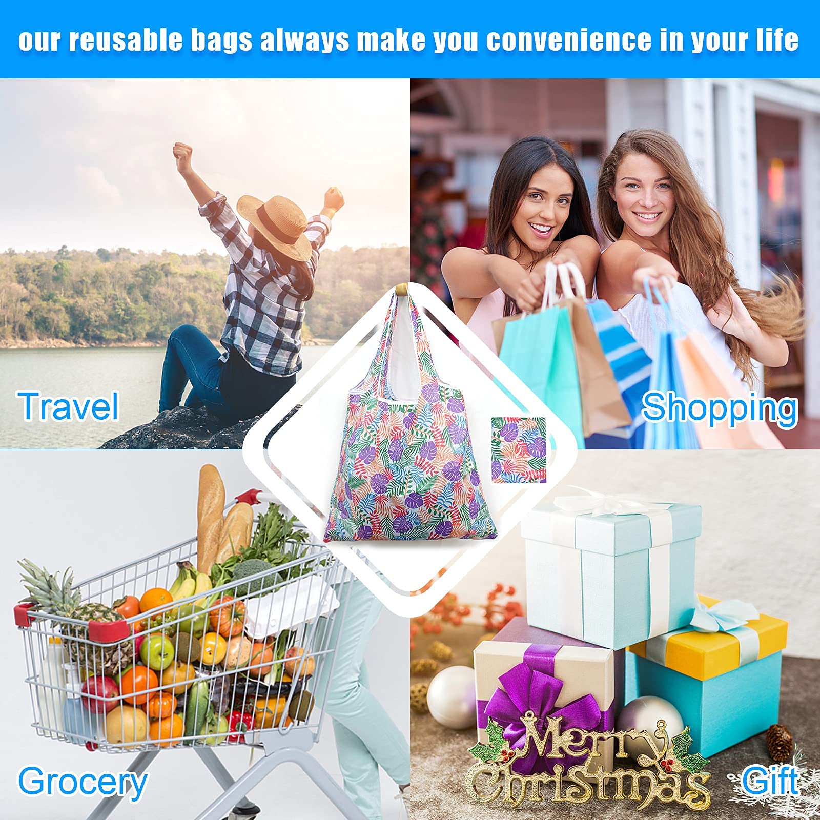 MRYUWB 6 Pcs Set Reusable Grocery Bags, Foldable Shopping Bags, Large Groceries Bags with Pouch Bulk, Ripstop, Easy Carrying,Waterproof, Eco-Friendly, Machine Washable Nylon Tote Bag (Elegant Vintage)