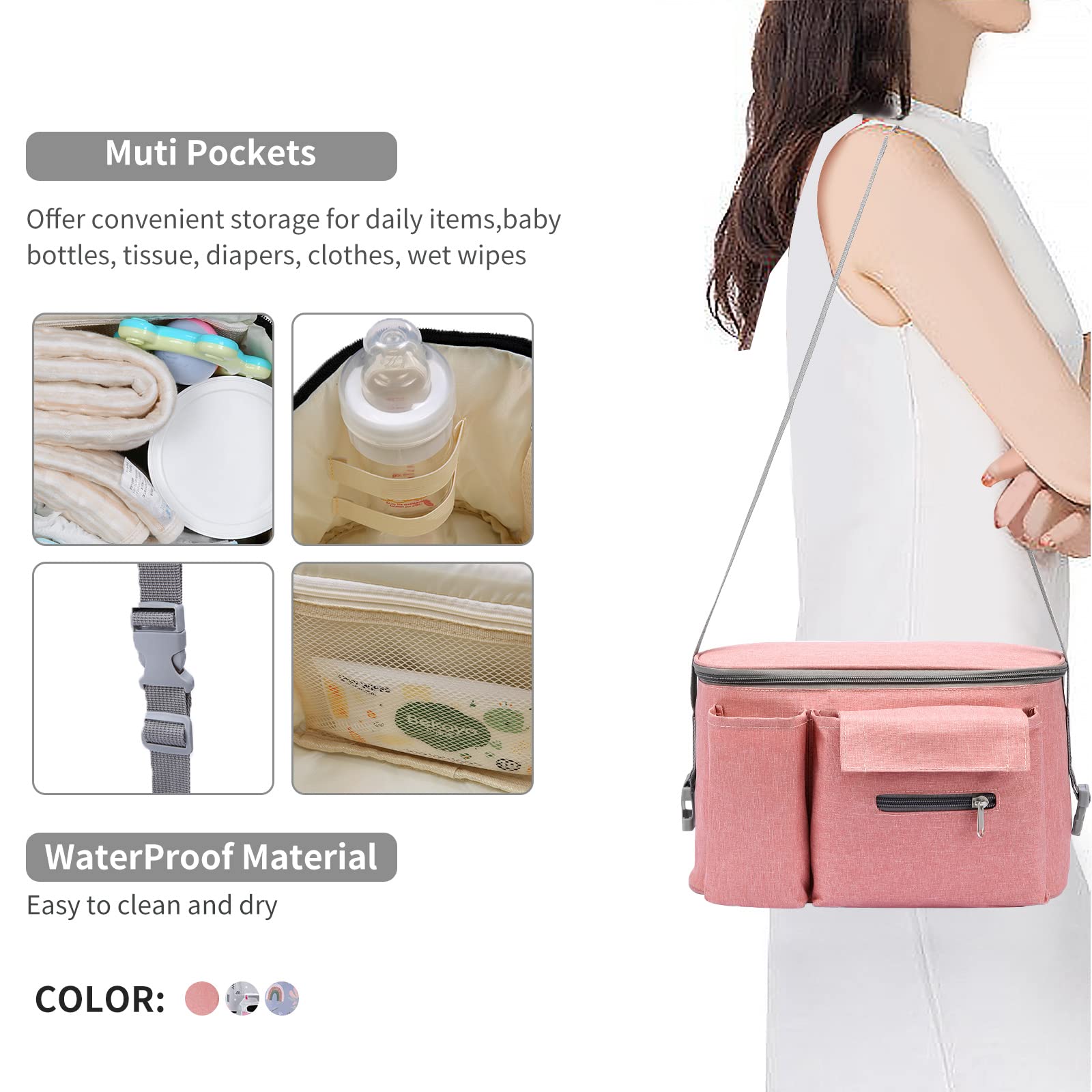 TRENDPLAY Small Diaper Bag, Mini Stroller Organizer Caddy with Wipe Pockets, Caddy with Adjustable Stroller Straps Fit All Strollers, Pink